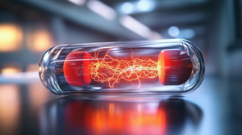 Futuristic Energy Capsule with Glowing Orange Plasma and Red Terminals ...