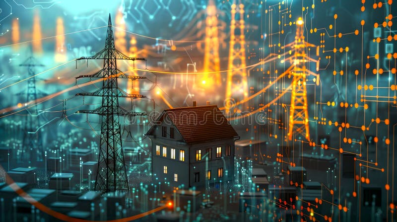 Futuristic Energy Concept with House and Power Lines. High-Tech ...
