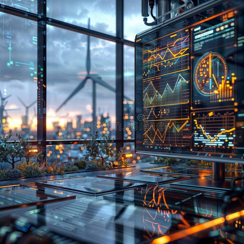 Energy Control Room Overlooking Wind Turbines, Generative Ai Stock ...