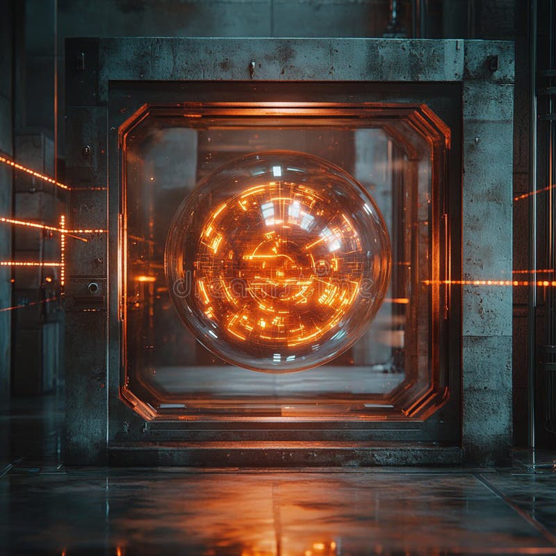 Futuristic Energy Core Encased in a Transparent Cube with Glowing Light ...