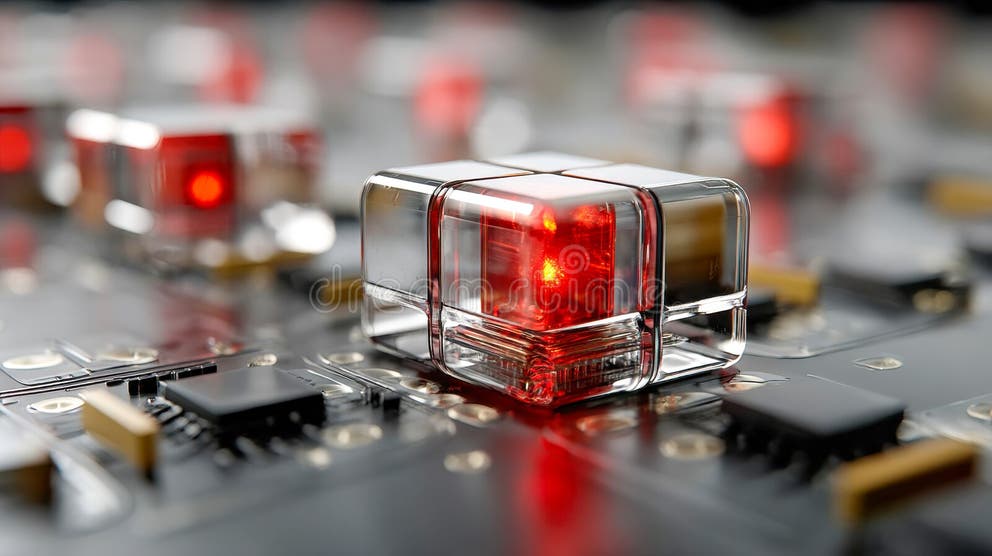 Futuristic Energy Cube with Visible Circuitry and Illuminated Red Core ...