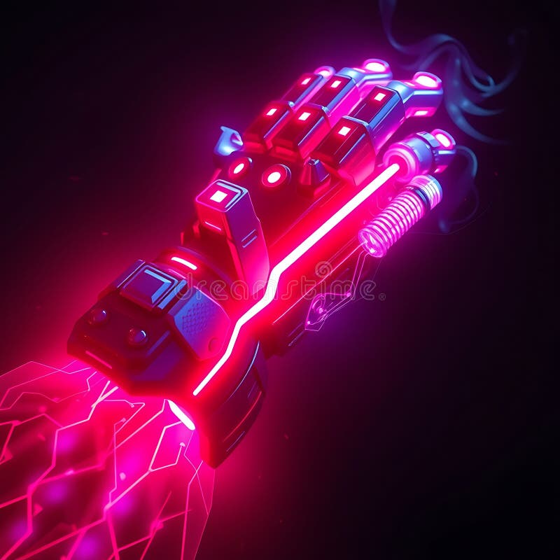 A Futuristic Energy Gauntlet Glowing with Neon Red Energy Stock ...