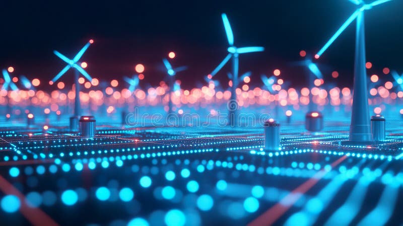 Futuristic Energy Grid with Glowing Wind Turbines at Night Stock Photo ...