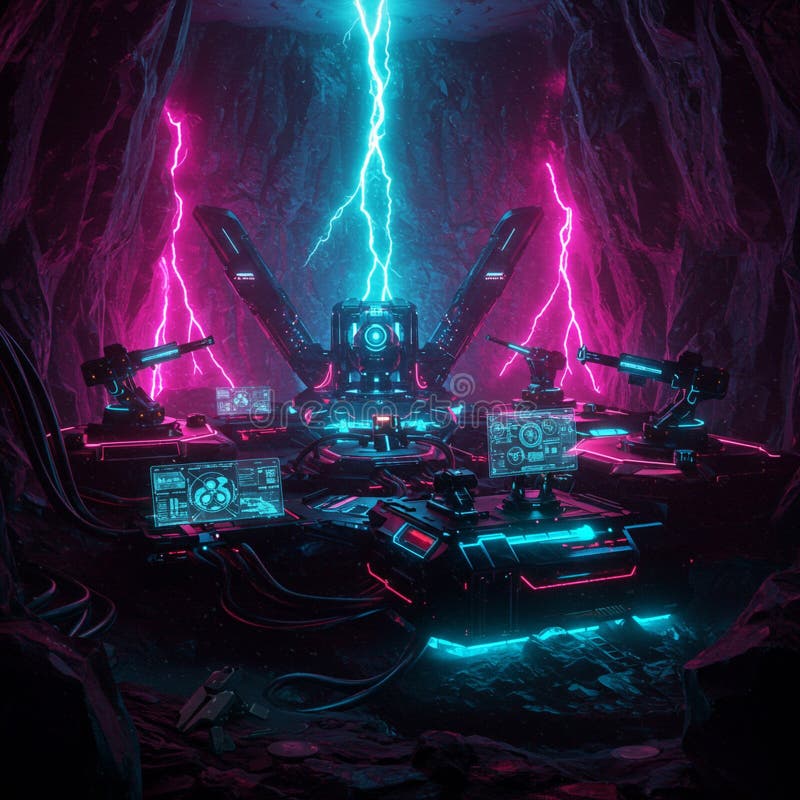 Futuristic Energy Source in Cave with Blue and Pink Lightning Stock ...