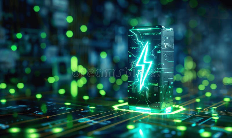 Futuristic Energy Storage Device with Glowing Lightning Bolt in Digital ...