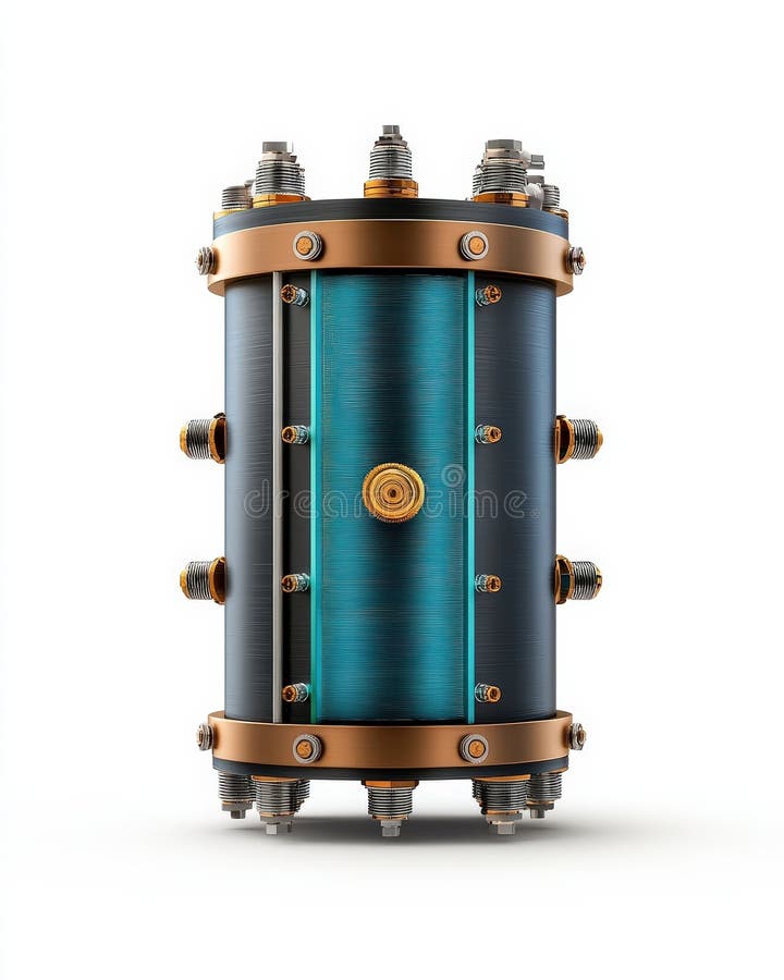 Futuristic Energy Storage Device with Metallic Finish and Central Blue ...