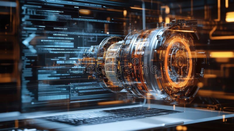 Futuristic Engine Being Designed on Laptop with Coding Stock Photo ...