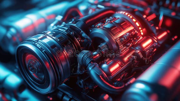 Futuristic Engine Design Illuminated with Red and Blue Neon Lights, AI ...