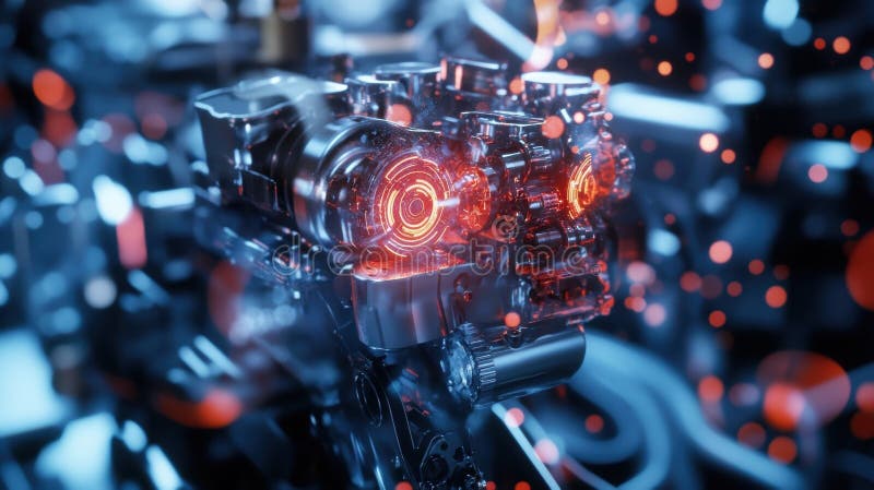 Futuristic Engine Glowing with Red Light in Innovative Manufacturing ...