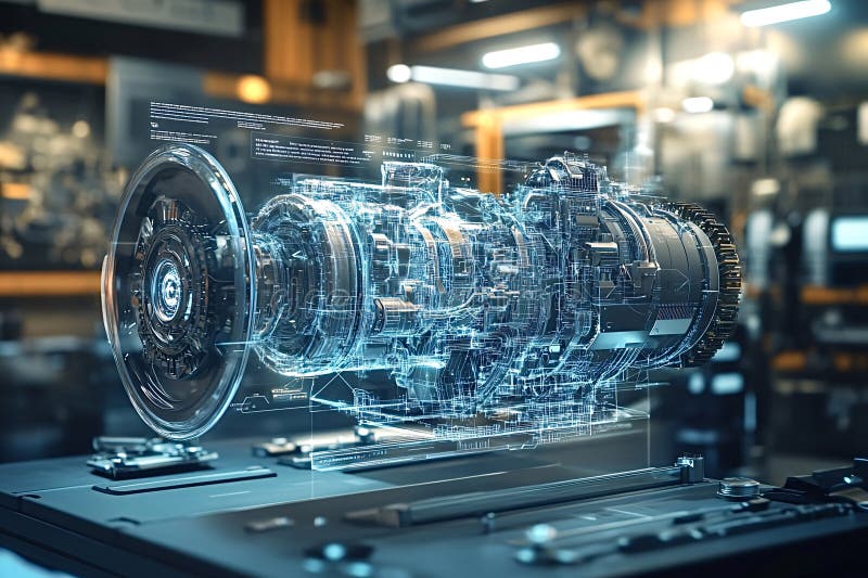 Futuristic Engine Hologram Being Projected in a Workshop Setting Stock ...