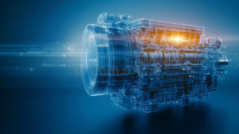 Futuristic Engine with Holographic Projection and Blue Glow ...