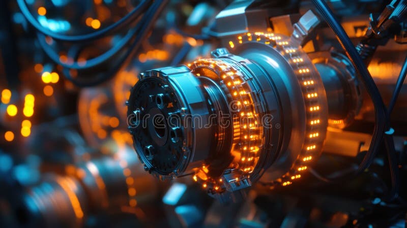 Futuristic Engine Rotating with Orange Lights in a Complex Mechanism ...