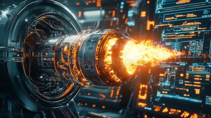 Futuristic Engine Technology with Flames and Glowing Interfaces in a ...