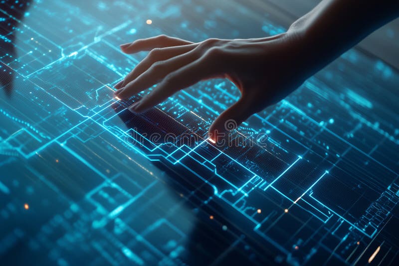 Futuristic Engineer Hand Interacting with Glowing Touchscreen Interface Displaying Digital Data ...