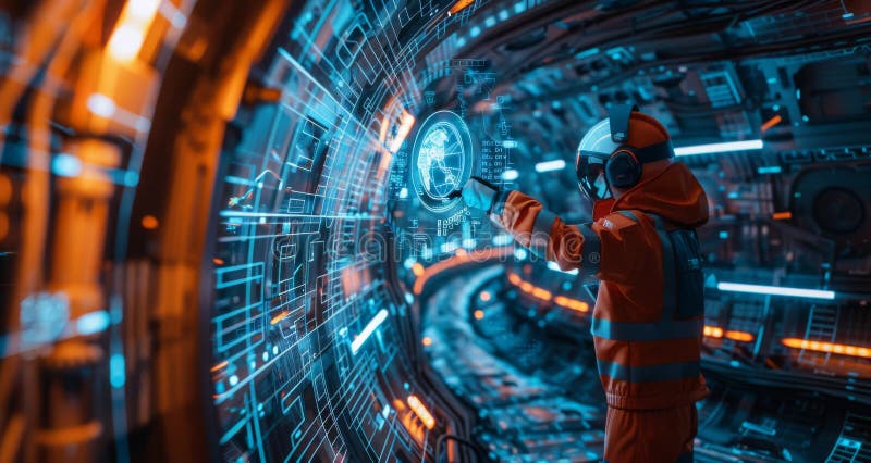 Futuristic Engineer in High-tech Suit Interacting with Digital ...