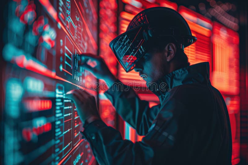 Futuristic Engineer Monitors System in Neon Glow Stock Illustration ...
