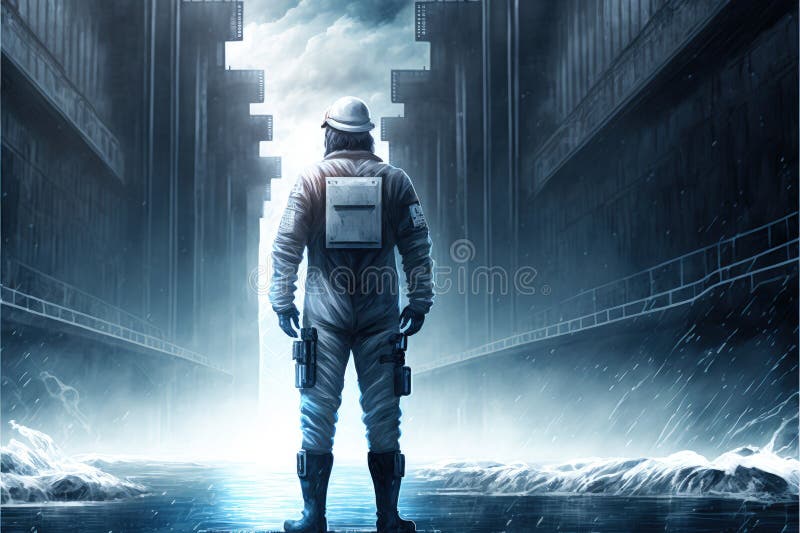 A Futuristic Engineer Standing on a Platform Observing a High-tech Dam ...