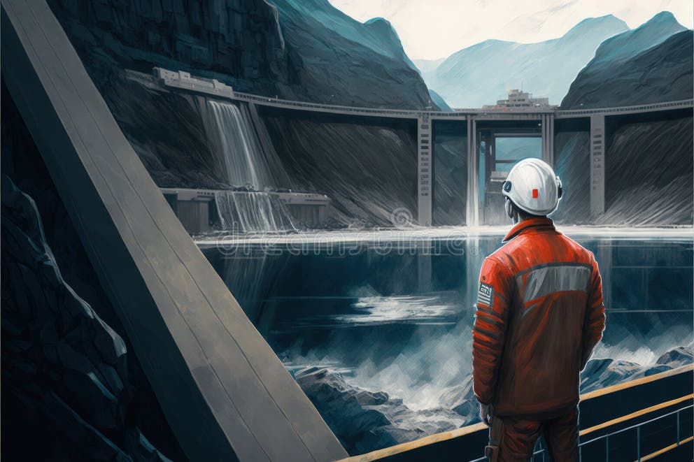 A Futuristic Engineer Standing on a Platform Observing a High-tech Dam ...