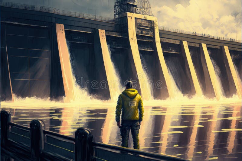 A Futuristic Engineer Standing on a Platform Observing a High-tech Dam ...