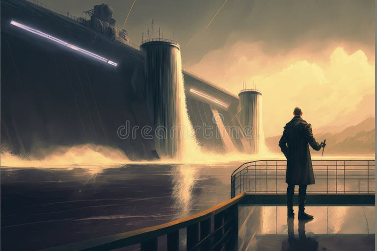 A Futuristic Engineer Standing on a Platform Observing a High-tech Dam ...