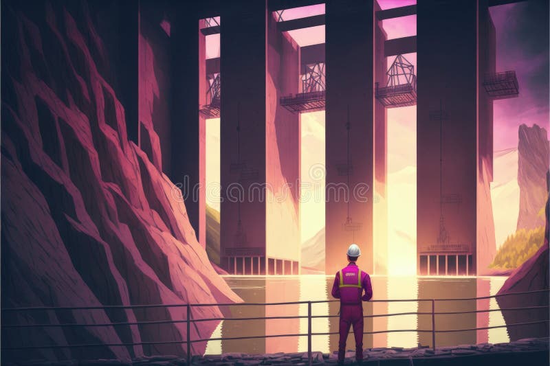 A Futuristic Engineer Standing on a Platform Observing a High-tech Dam ...