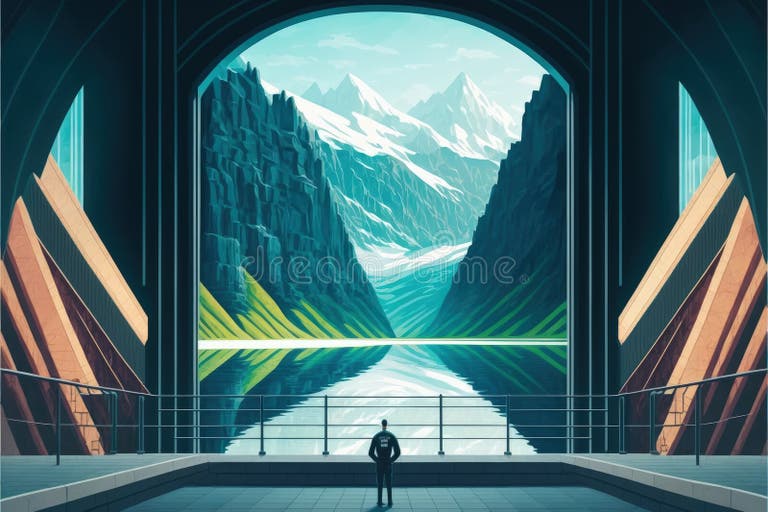 A Futuristic Engineer Standing on a Platform Observing a High-tech Dam ...