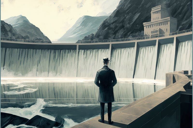 A Futuristic Engineer Standing on a Platform Observing a High-tech Dam ...