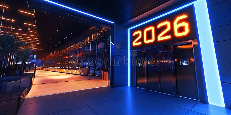 Futuristic 2026 Entrance Neon Lights and Modern Architecture Stock ...