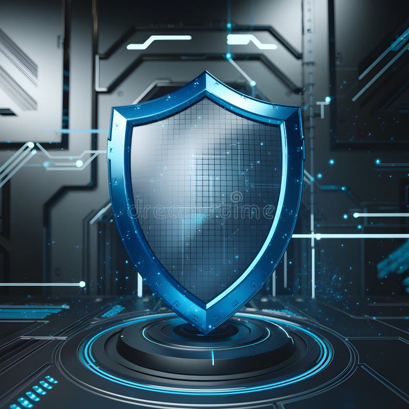 Blue Metallic Shield with Grid, Surrounded by Glowing Digital Elements ...