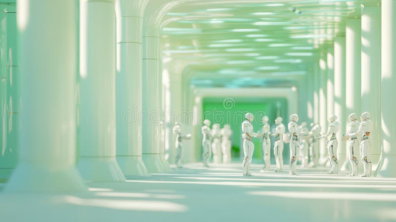 A Futuristic Environment Showcasing Humanoid Robots Patrolling or ...