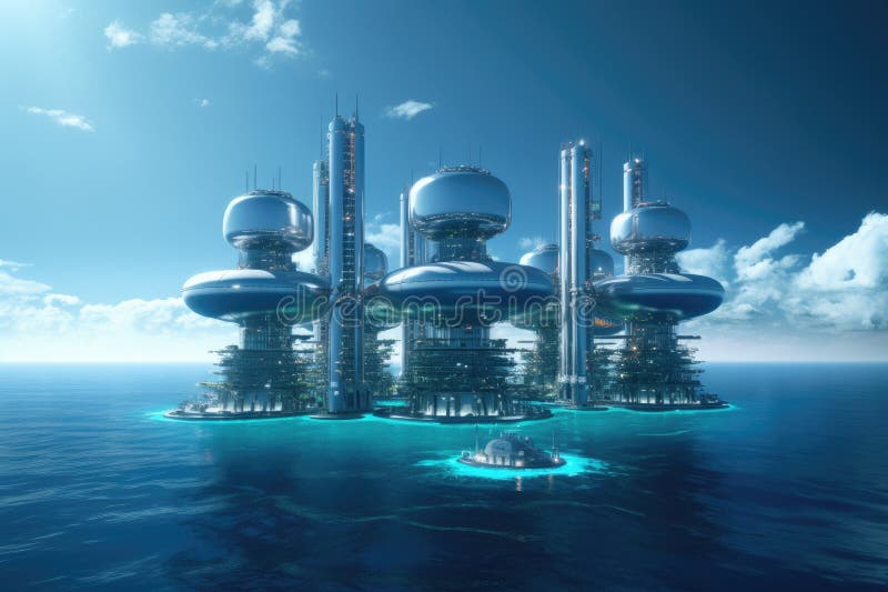 Futuristic Power Plant of the Future in the Ocean, Water Energy Stock ...