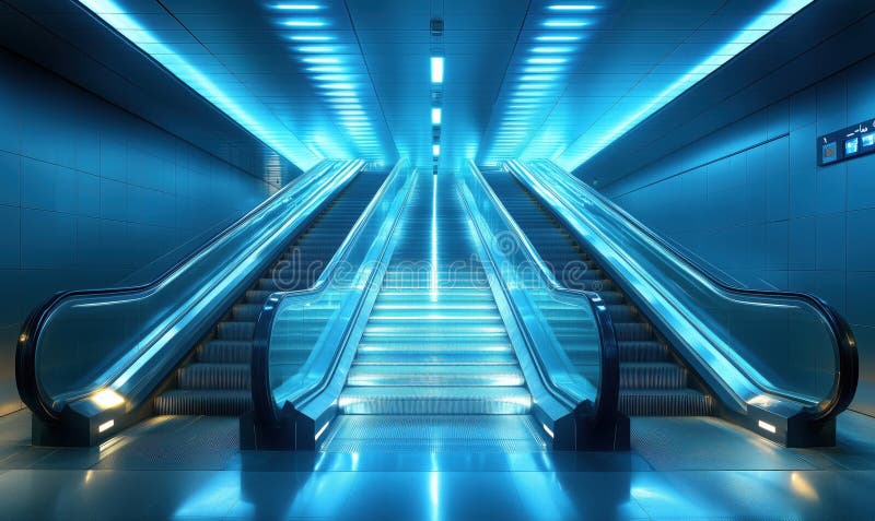 Futuristic Escalators in Illuminated Subway Station with Blue Lighting ...