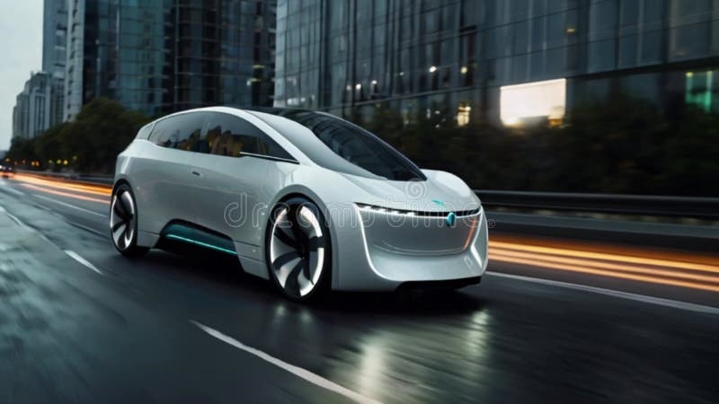 Futuristic EV Car with Motion Lighting on Highway with Full Self ...