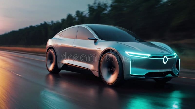 Futuristic EV Car with Motion Lighting on Highway with Full Self ...