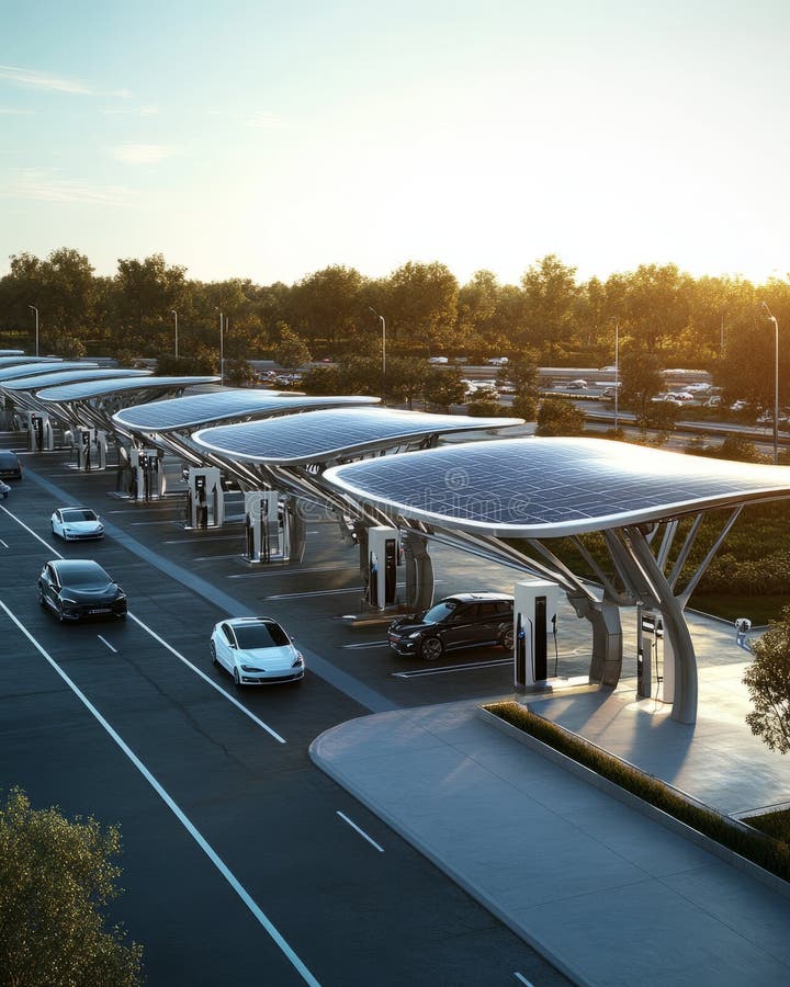 Futuristic EV Charging Hub with Solarpowered Stations Stock Illustration - Illustration of ...