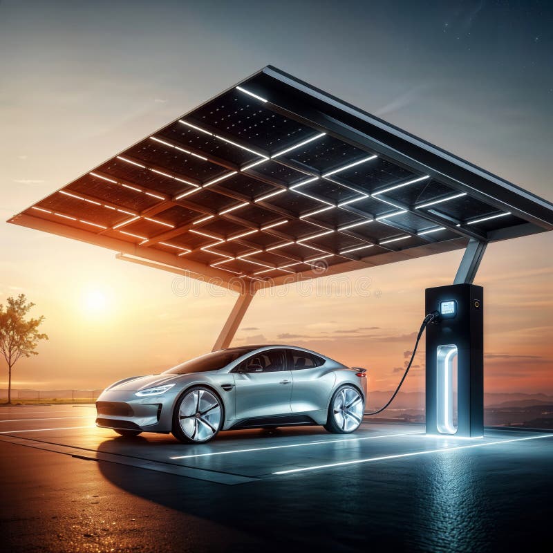 Futuristic EV Charging Under Solar Canopy at Sunset, Generative Ai ...