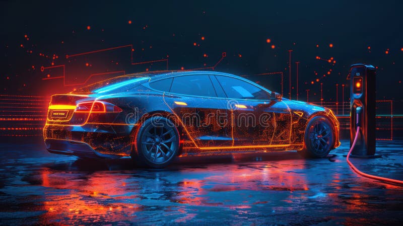 Futuristic EV Charging Station with Self-Driving Car and Battery Level ...