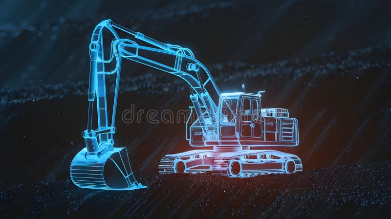 Futuristic Excavator Digging in Blue Digital Landscape Stock ...