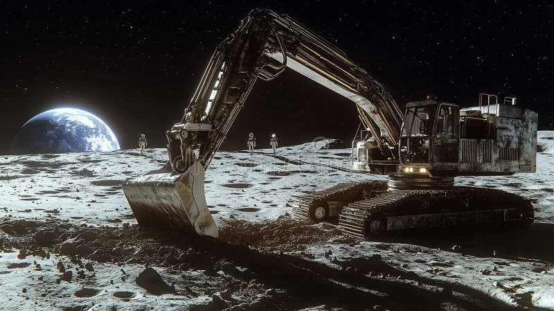 Futuristic Excavator Digging on Dramatic Lunar Landscape with Earth ...