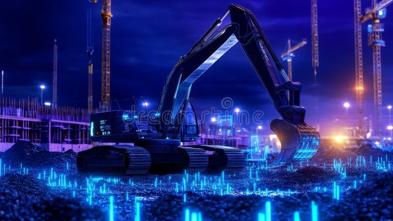 Futuristic Excavator at Night Construction Technology Progress ...