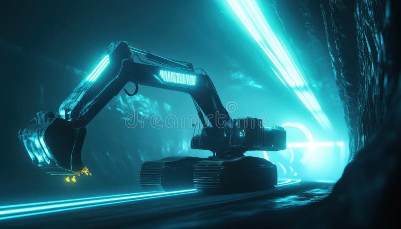 Futuristic Excavator Working in an Illuminated Underground Tunnel at ...
