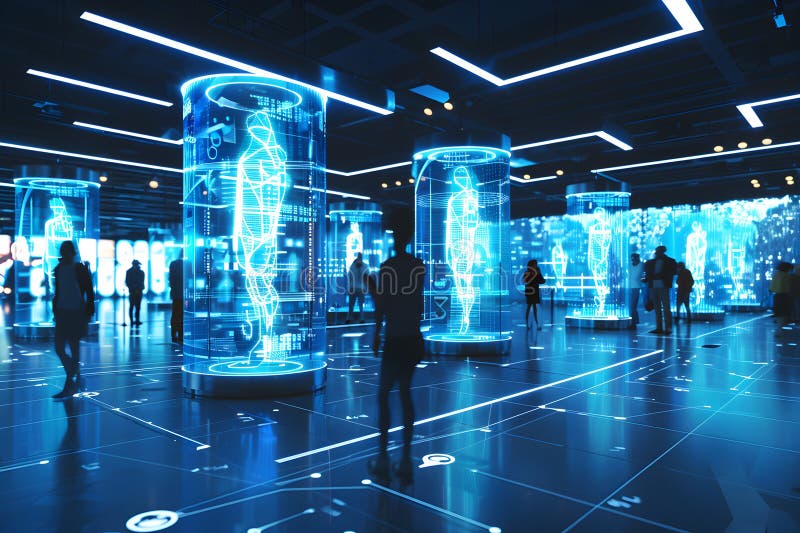 Futuristic Exhibition Featuring Holographic Displays and Digital ...