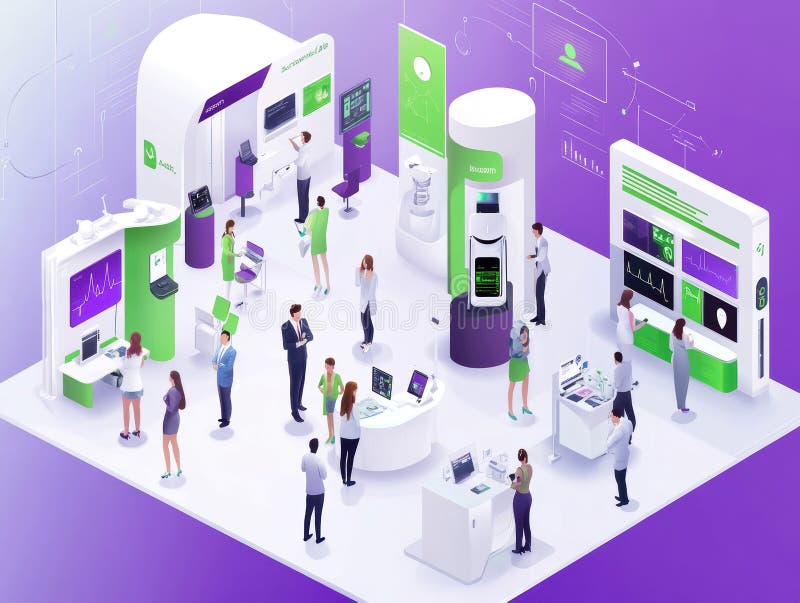 A Futuristic Exhibition Hall Filled with People Interacting with ...