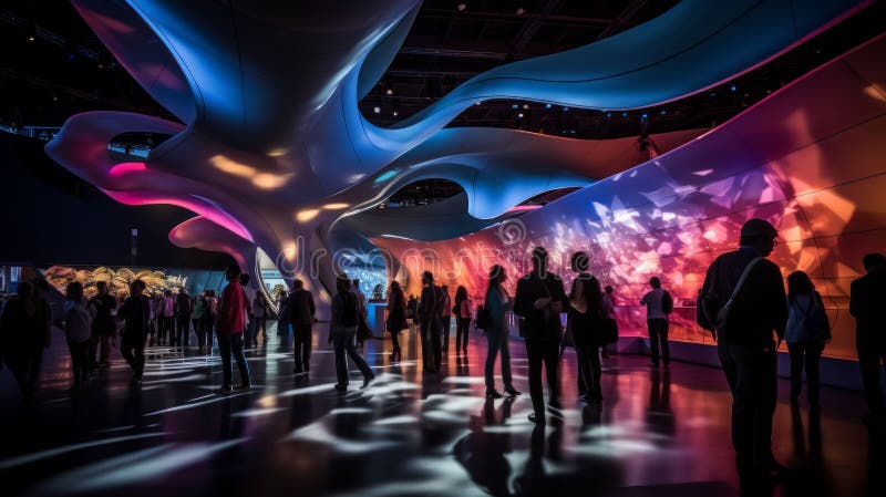 Futuristic Exhibition Space with Dynamic Lighting and Crowd. Generative ...