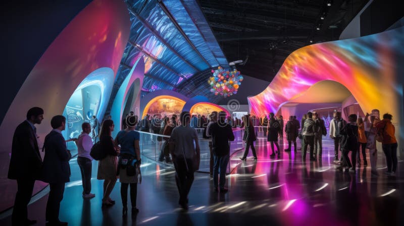 Futuristic Exhibition Space with Dynamic Lighting and Crowd. Generative ...