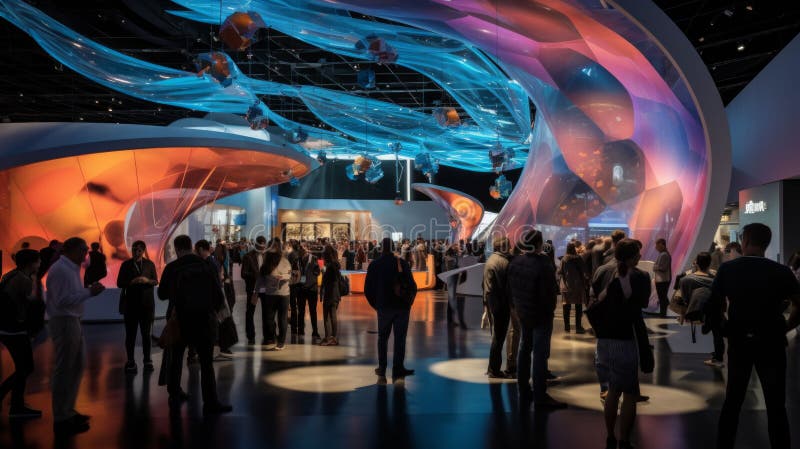 Futuristic Exhibition Space with Dynamic Lighting and Crowd. Generative ...
