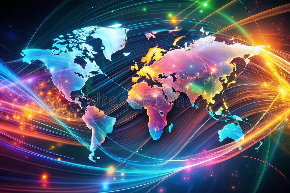 A Futuristic Exploration of Global Connections Abstract World Map Visualization of International ...