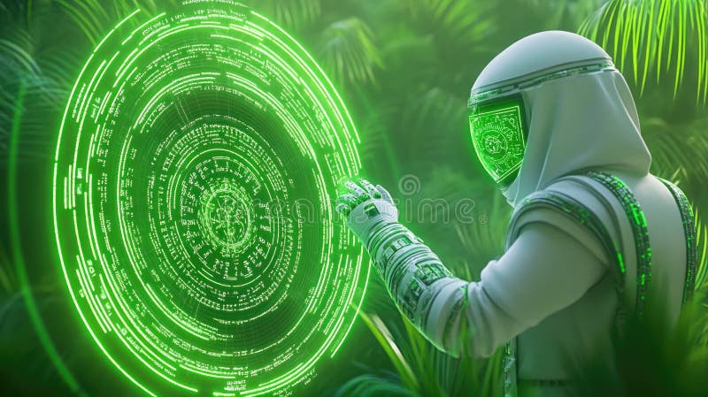 Futuristic Explorer Interacting with Digital Interface in a Lush Green ...