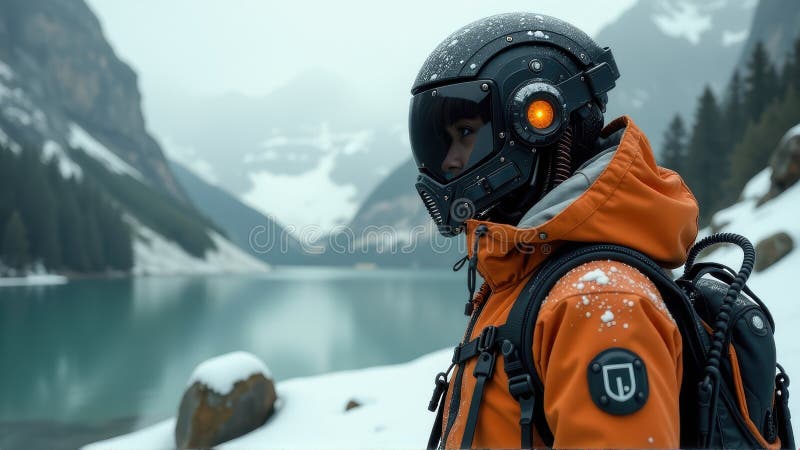 Futuristic Explorer in Mountain Landscape Stock Illustration ...