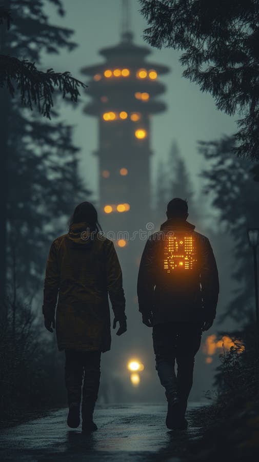 Futuristic Explorers Facing Illuminated Tower in Misty Forest Night ...